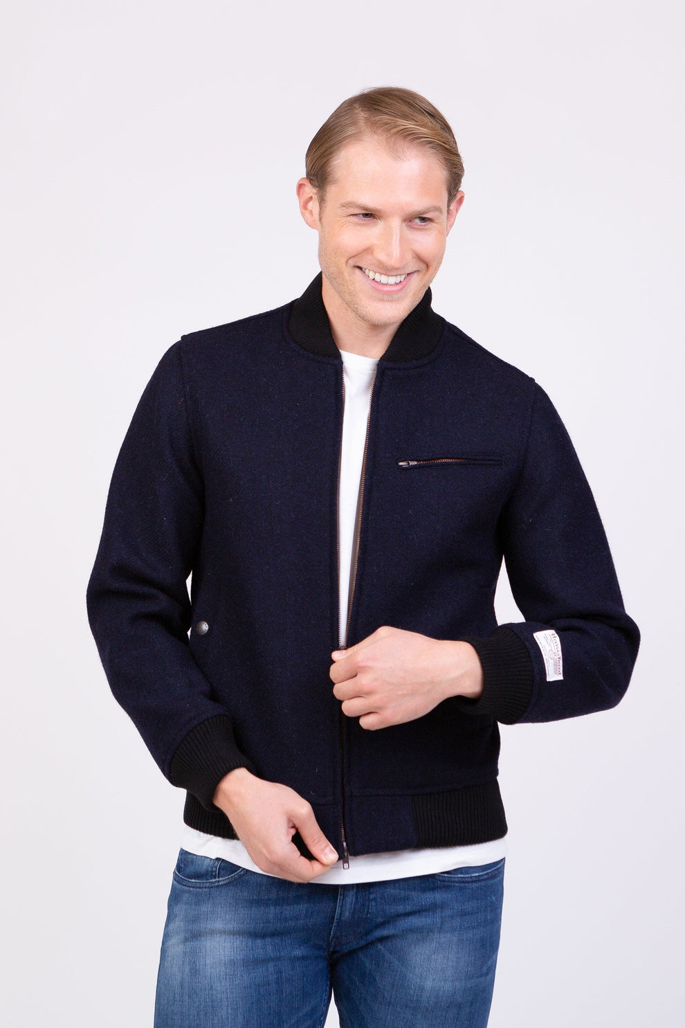 Men's Harris Tweed Bomber Jacket - Dark Navy Twill Solid – Kiltane